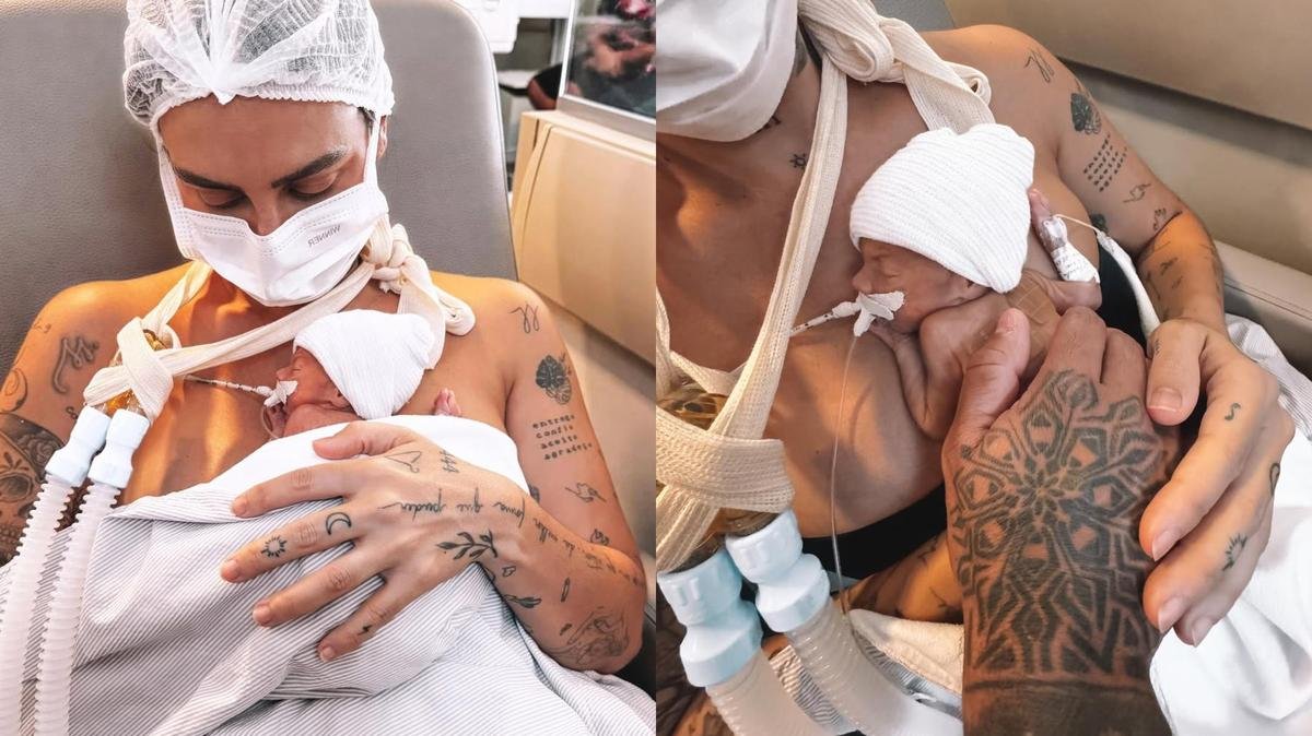 Clara Maia segura o filho Théo pela primeira vez após parto prematuro - Famosos | Entretenimento